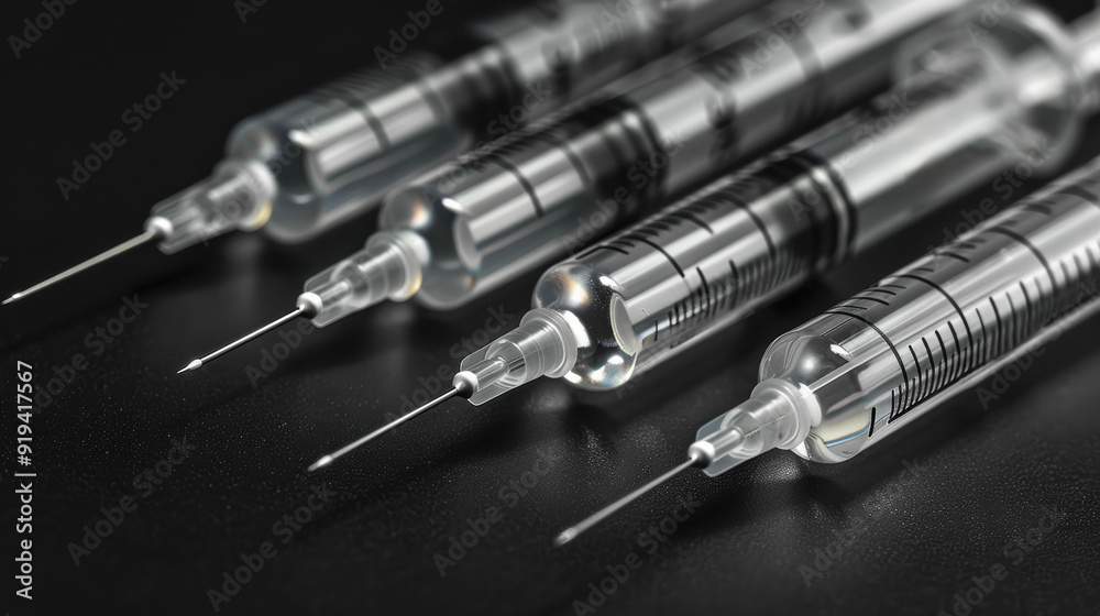 Four syringes are lined up on a black surface. The syringes are all the ...
