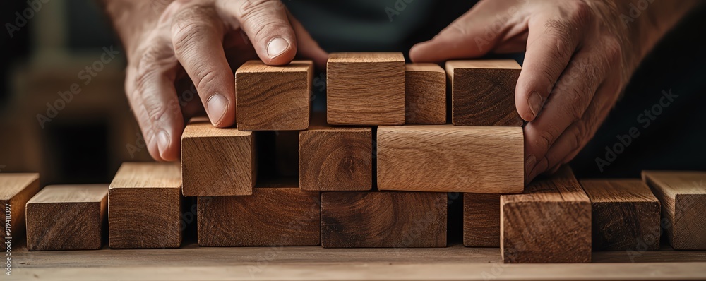 Closeup of hands aligning a row of wooden blocks in a staggered stack ...