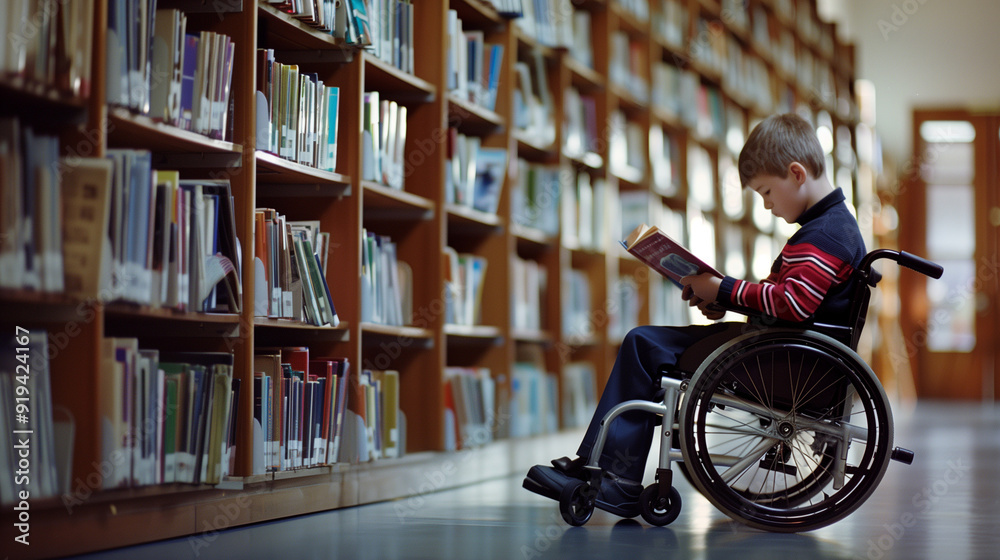 Inclusive image of a happy cute disabled school student in a wheelchair ...
