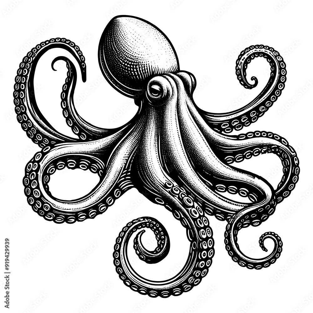 octopus sea animal food with swirling tentacles and suction cups, in a ...