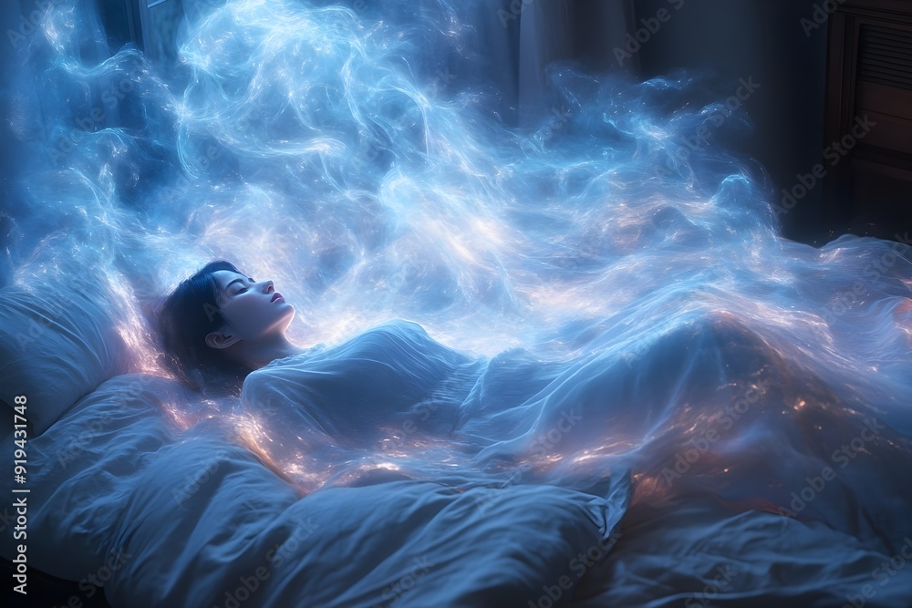 Hologram-style image of an astral body rising from a sleeping woman ...