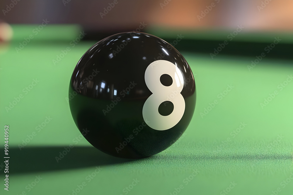 Close-up of an 8-ball on a green pool table, showcasing its iconic ...