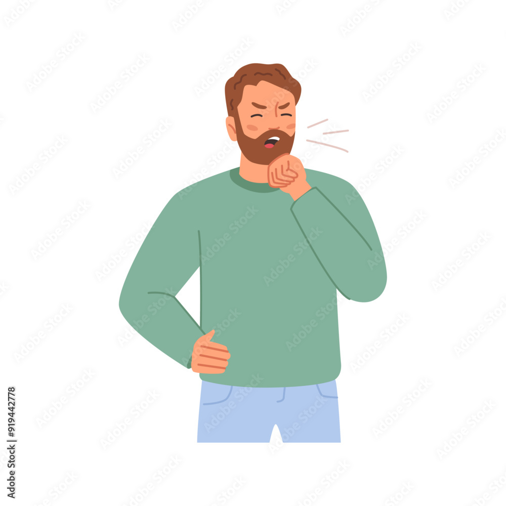 Man has cough, sick symptoms feeling unwell. Male with headache having ...
