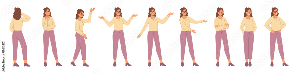 Female character work interactions and gestures. Vector isolated woman ...