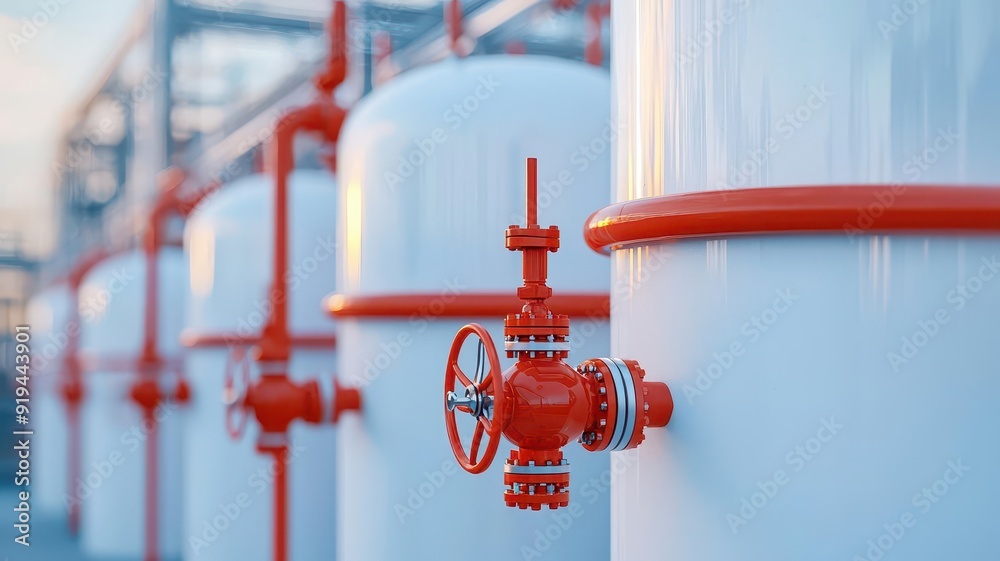 Detailed view of chemical storage tank connections, close-up on pipes ...