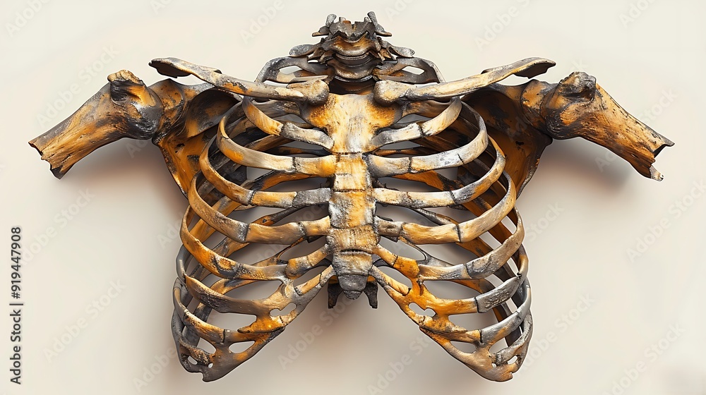 Gross anatomy of human rib cage showing ribs sternum and thoracic ...