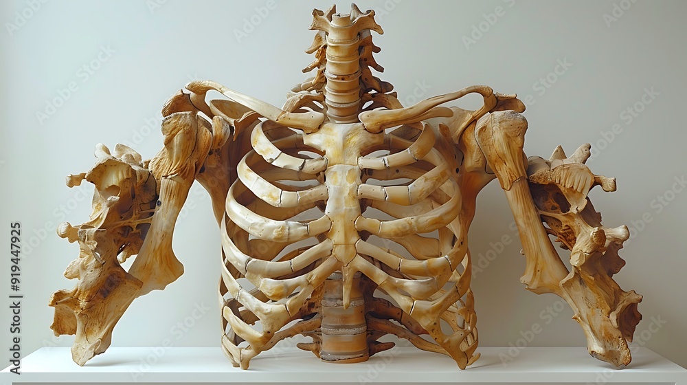 Gross anatomy of human rib cage showing ribs sternum and thoracic ...
