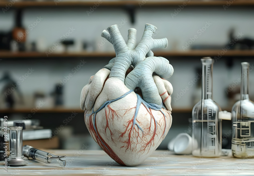 A detailed anatomical model of a human heart on a laboratory table ...