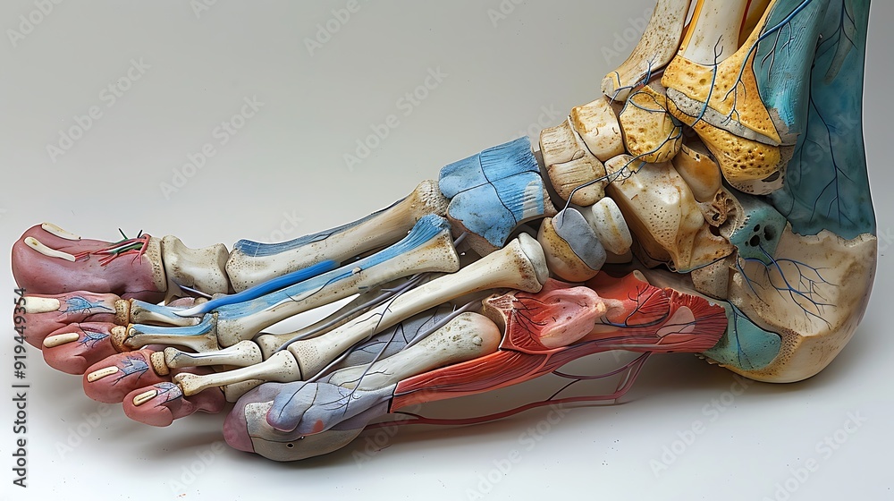 Gross anatomy of human foot highlighting bones muscles and connective ...
