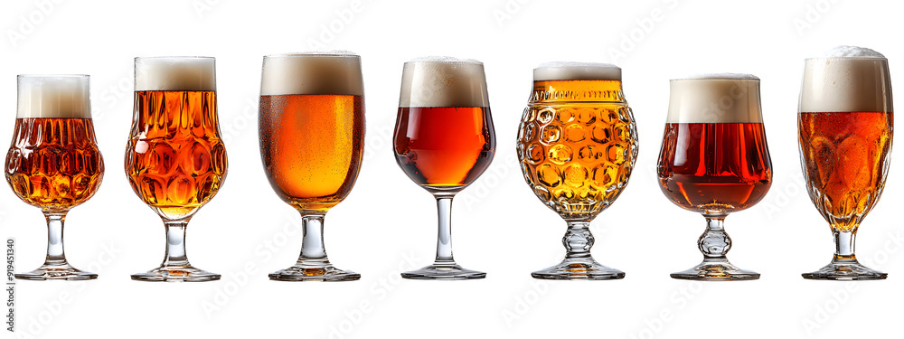 A high-resolution image displaying a variety of beer glasses filled ...