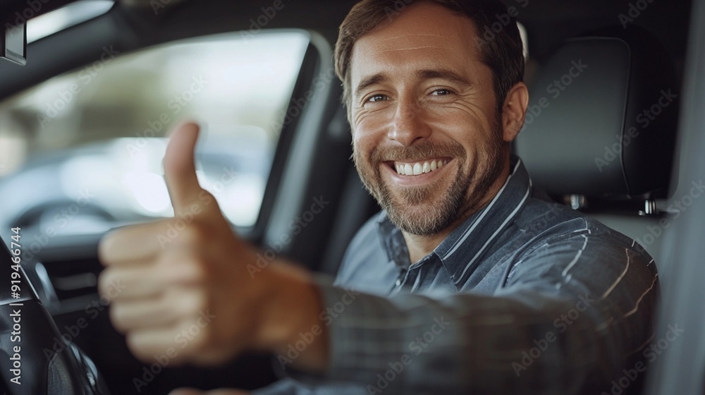 Cheerful driver gives enthusiastic thumbs up while seated in car ...