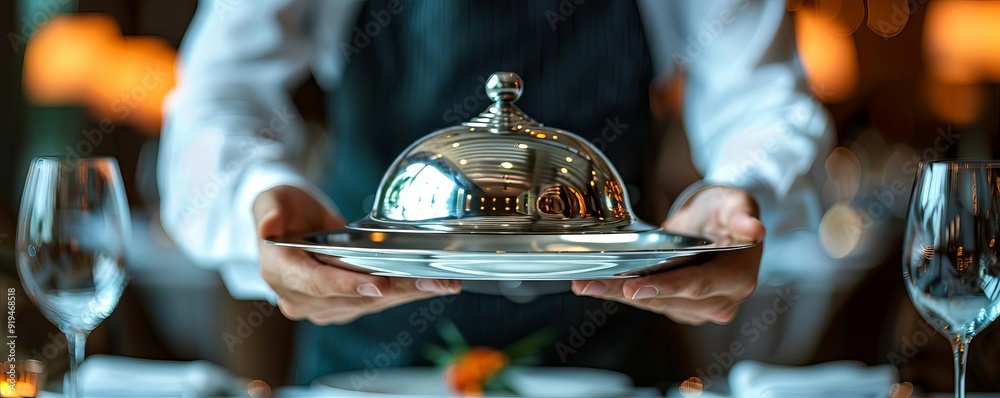 Elegant fine dining restaurant setting with a waiter serving a covered ...