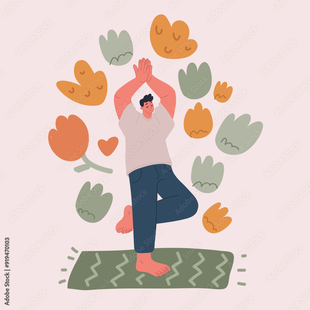 Cartoon vector illustration of man in an easy yoga pose with his eyes ...
