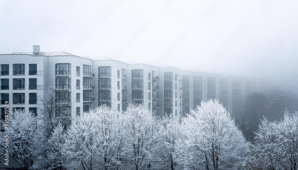 white background, a row of apartment buildings in a white fog, urban ...