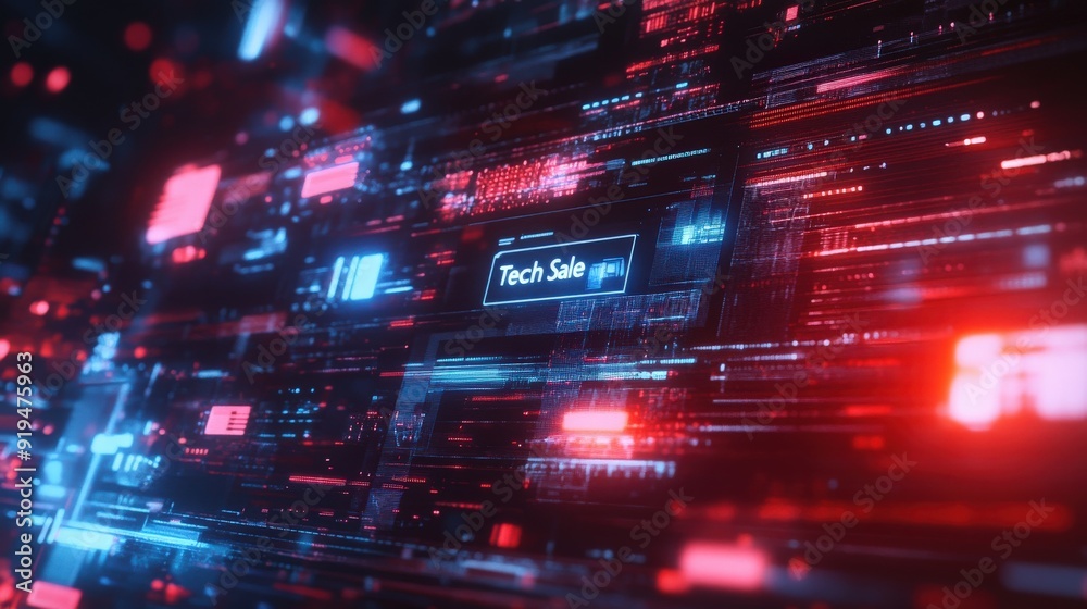 Abstract digital patterns and colors represent a tech sale in a high ...