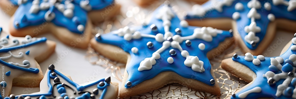 Closeup of a Star of David cookie decorated with blue and white icing ...