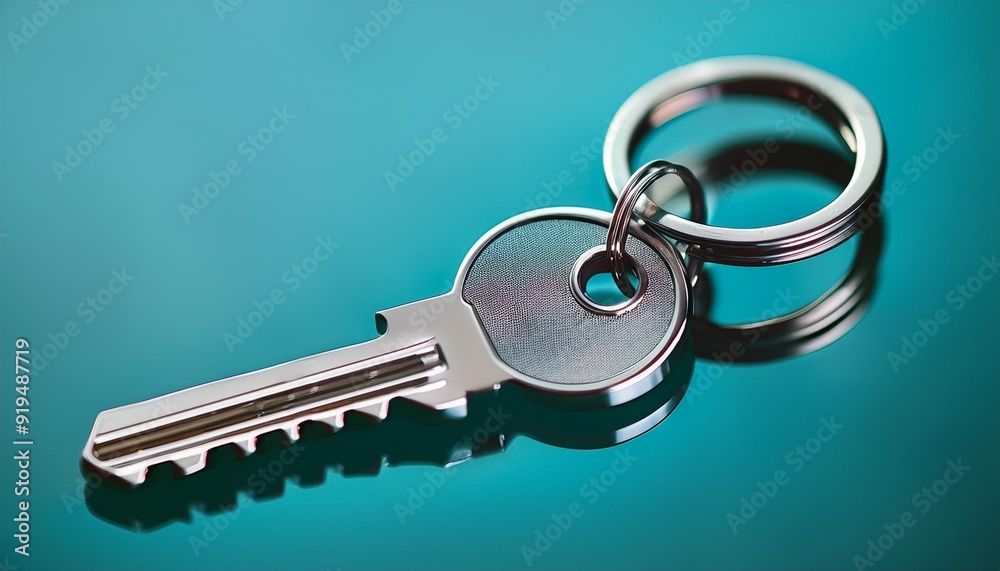 elegant silver house key on keychain floating against vibrant azure ...