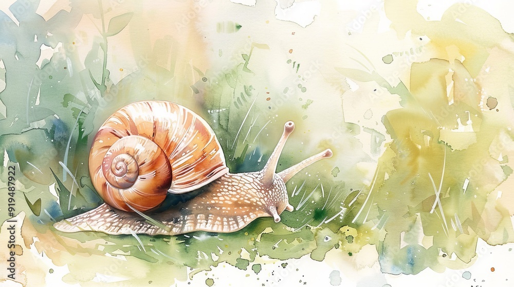 A painting of a snail on a green background. The snail is in the middle ...