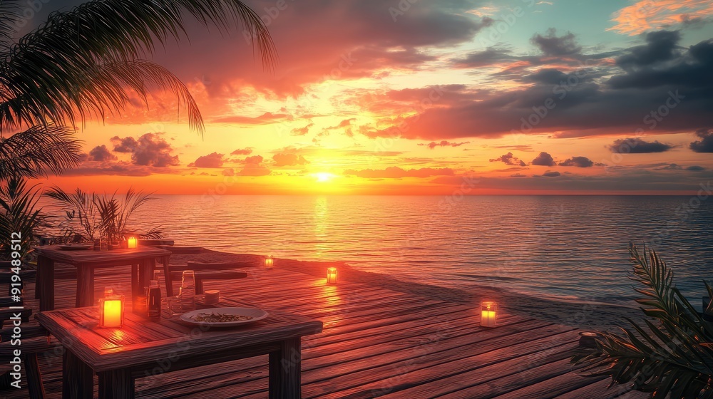 Tropical summer sunset beach bar background. Outdoor restaurant, Led ...