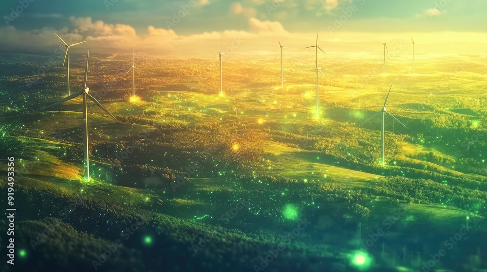 Green energy, wind turbines produce energy in green field, modern power ...