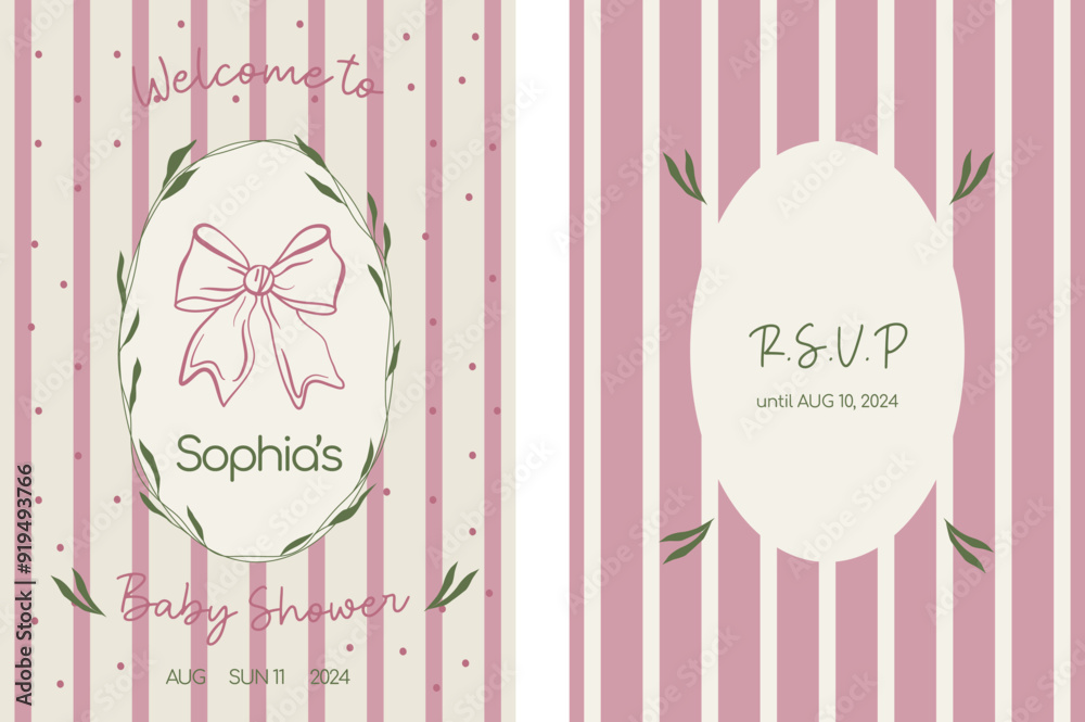 Kids invitation card for birthday party. Pink ribbon bow flat ...