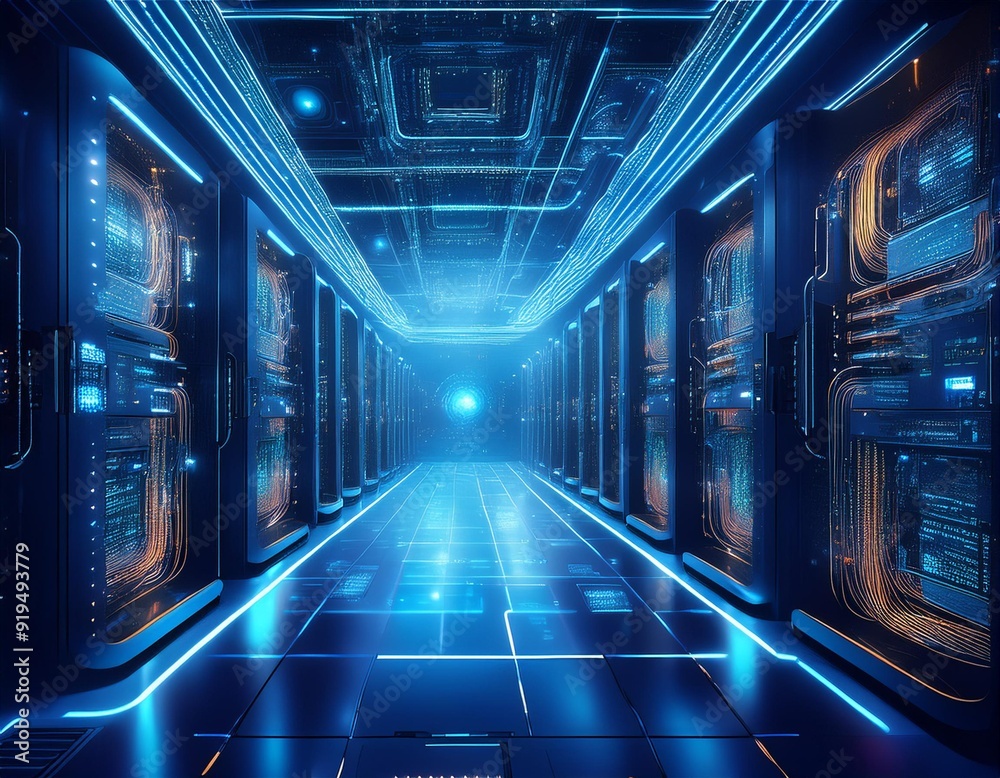 hightech server room bathed in cool blue light rows of quantum ...
