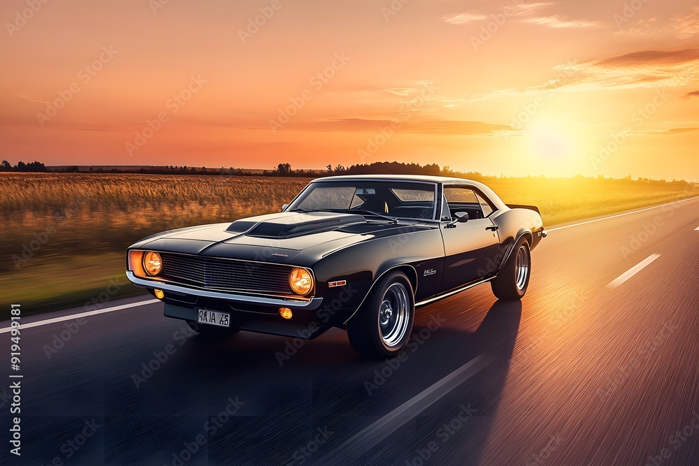 Black Classic Car at Sunset: A sleek black classic car cruises down a ...