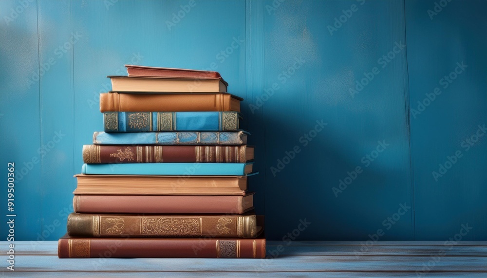 retrostyled stack of books beside a vibrant blue wall vintage color ...