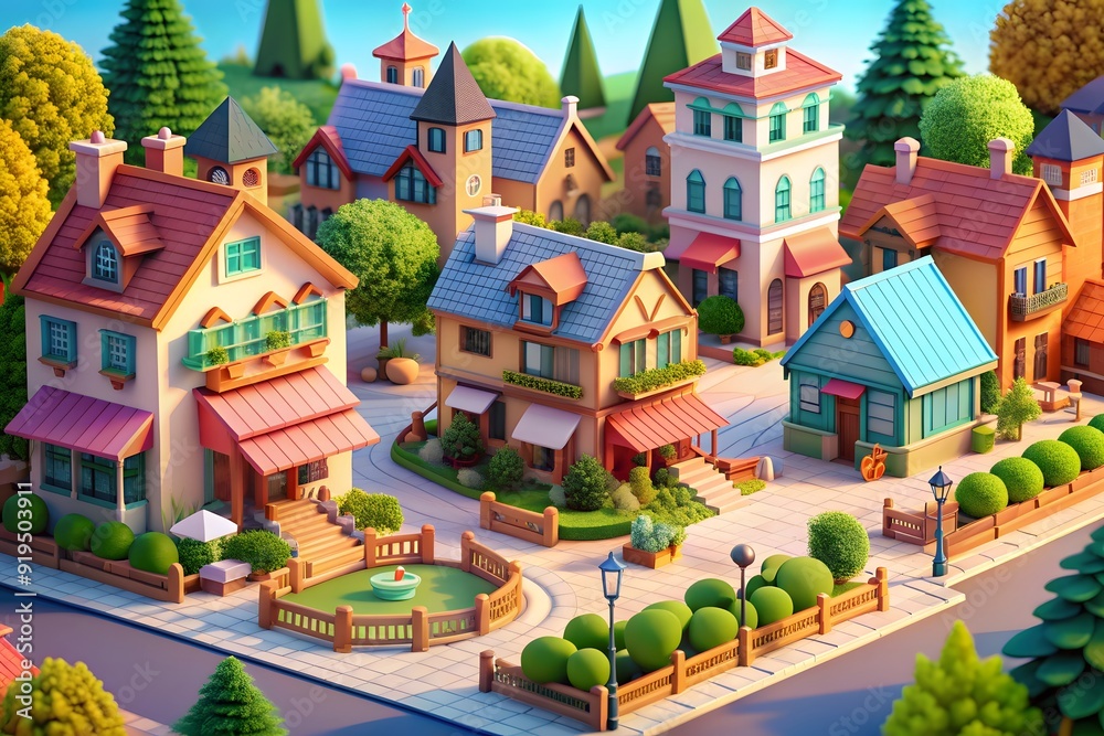 Summer suburban landscape with house in row on street with green grass ...