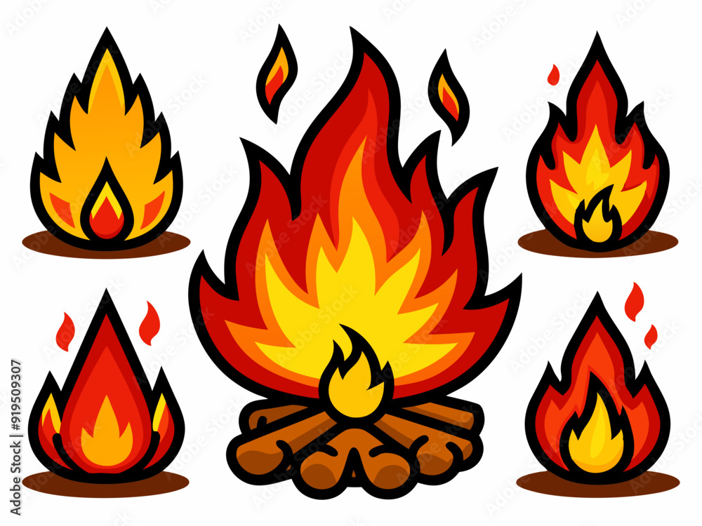 Cartoon fire. Flame of infernal fireballs, red and yellow campfire, hot wildfire and bonfire ...