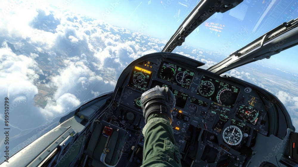 A detailed close-up of a fighter jet's cockpit, showing the pilot's ...