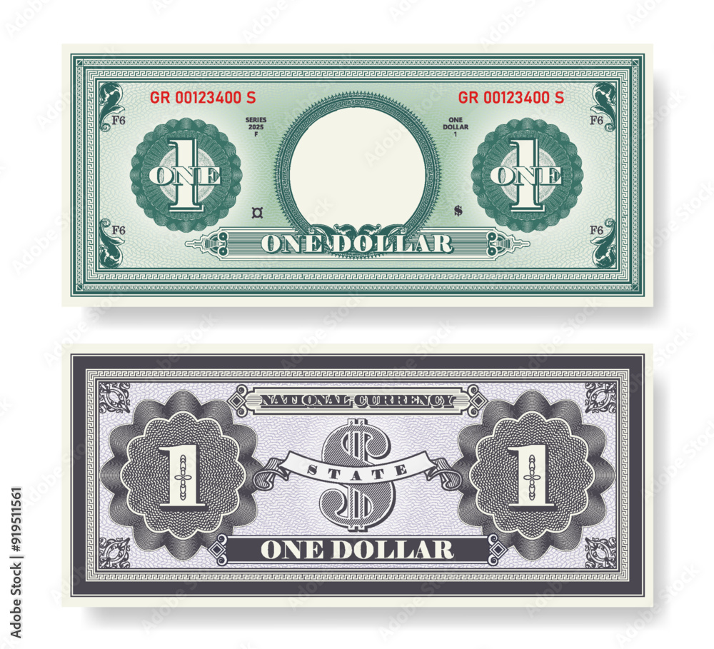 Vector fictional beautiful banknote of 1 dollar. Obverse and reverse of ...