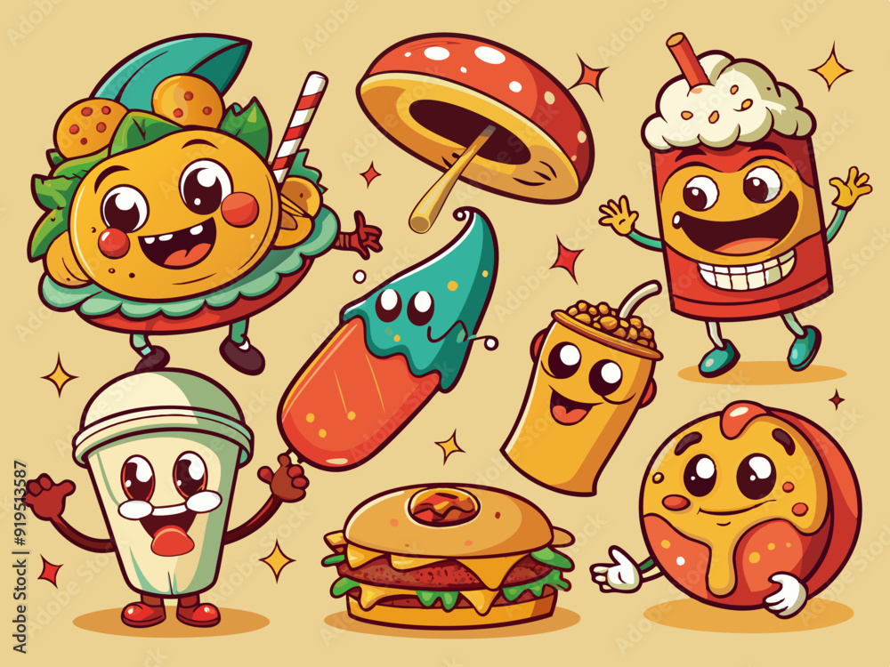 Retro cartoon fast food. Vintage 60s food mascot characters. Groovy 70s ...