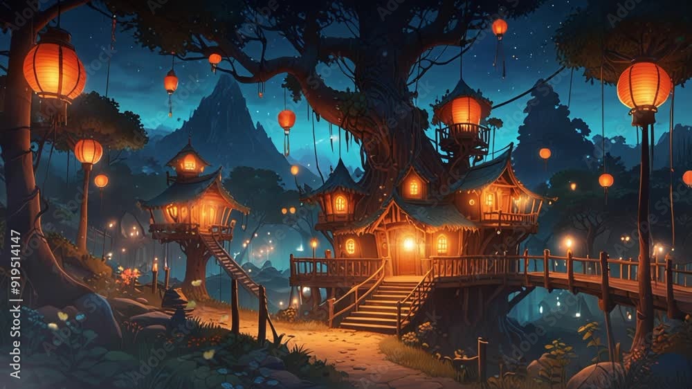 tree house village with floating lantern lights at night, in cartoon ...