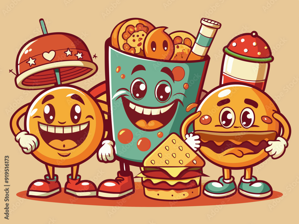 Retro cartoon fast food. Vintage 60s food mascot characters. Groovy 70s ...