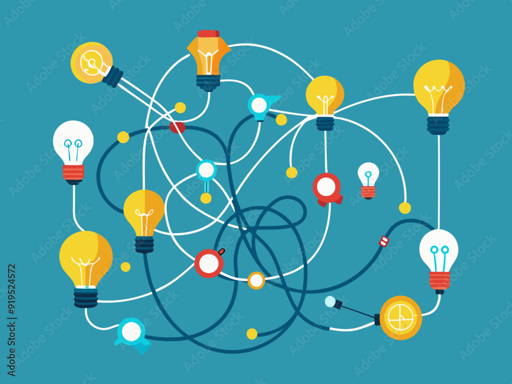 Simplify complex process. Tangled scribble wires with light bulbs from ... Simplify complex process. Tangled scribble wires with light bulbs from ...
