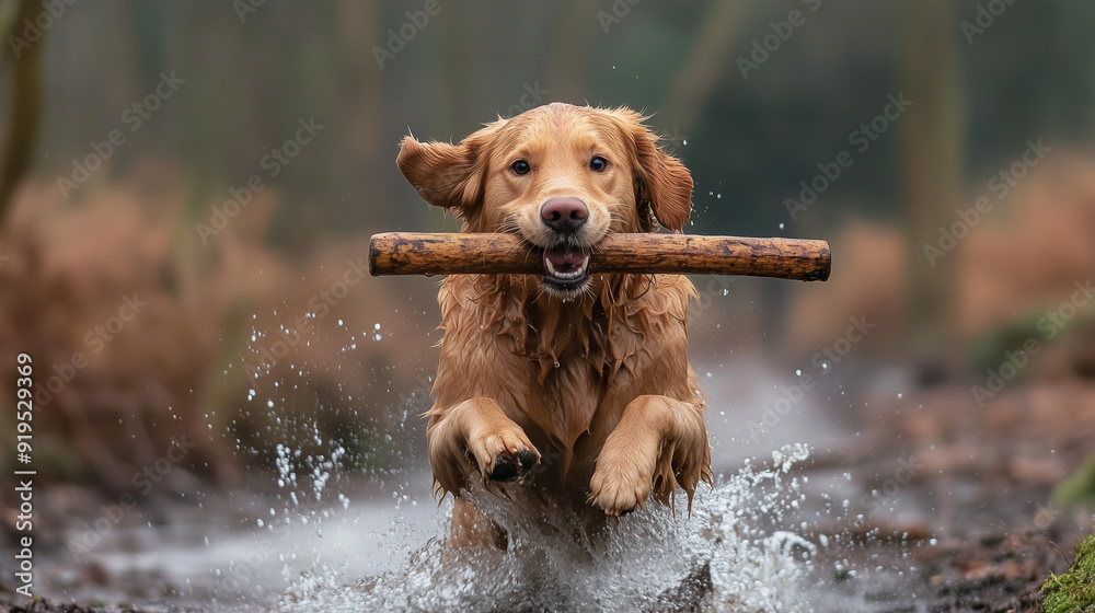 Golden Retriever Running in the Forest with a Large Stick, Capturing ...