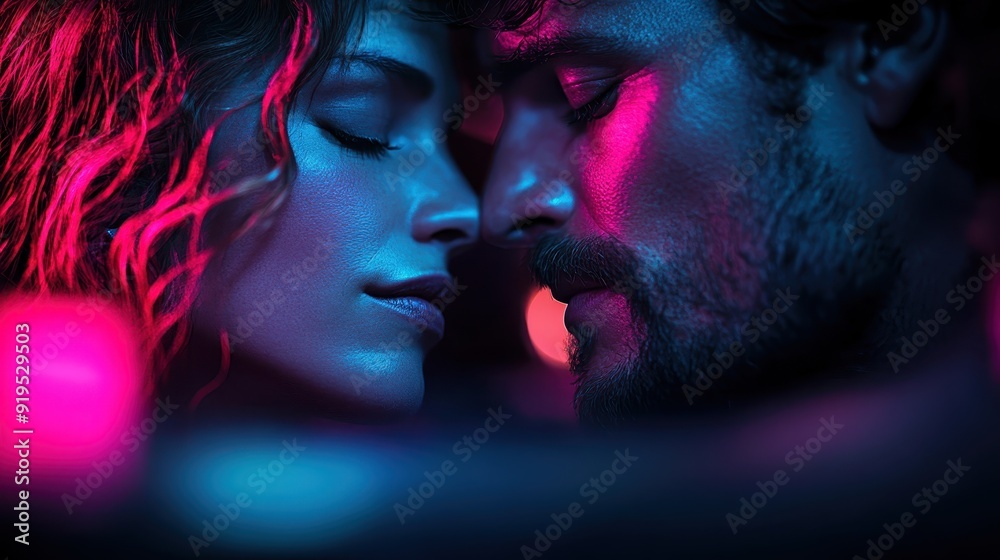 A man and woman captured in an intimate moment under neon lighting ...