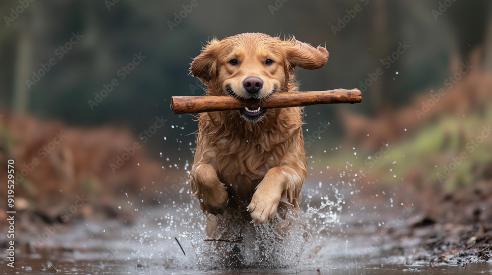 Golden Retriever Running in the Forest with a Large Stick, Capturing ...
