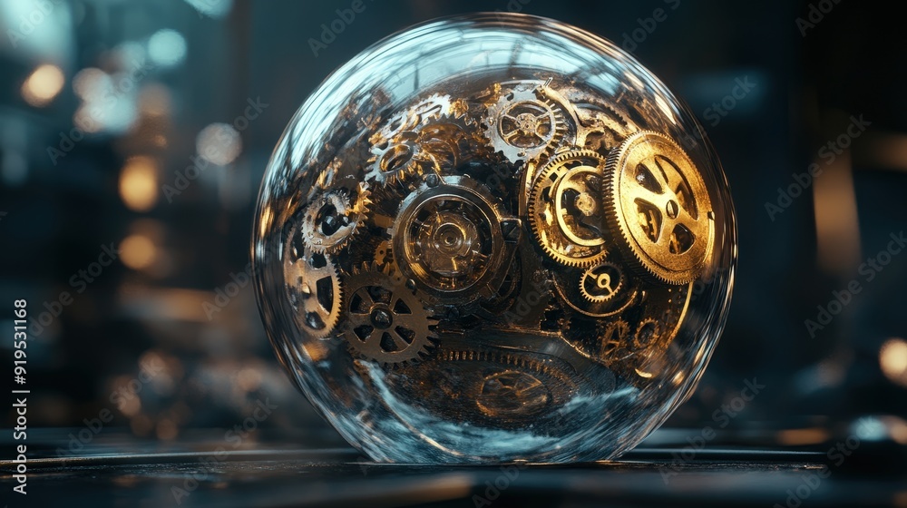 Transparent globe filled with gears and clockwork mechanisms, concept ...