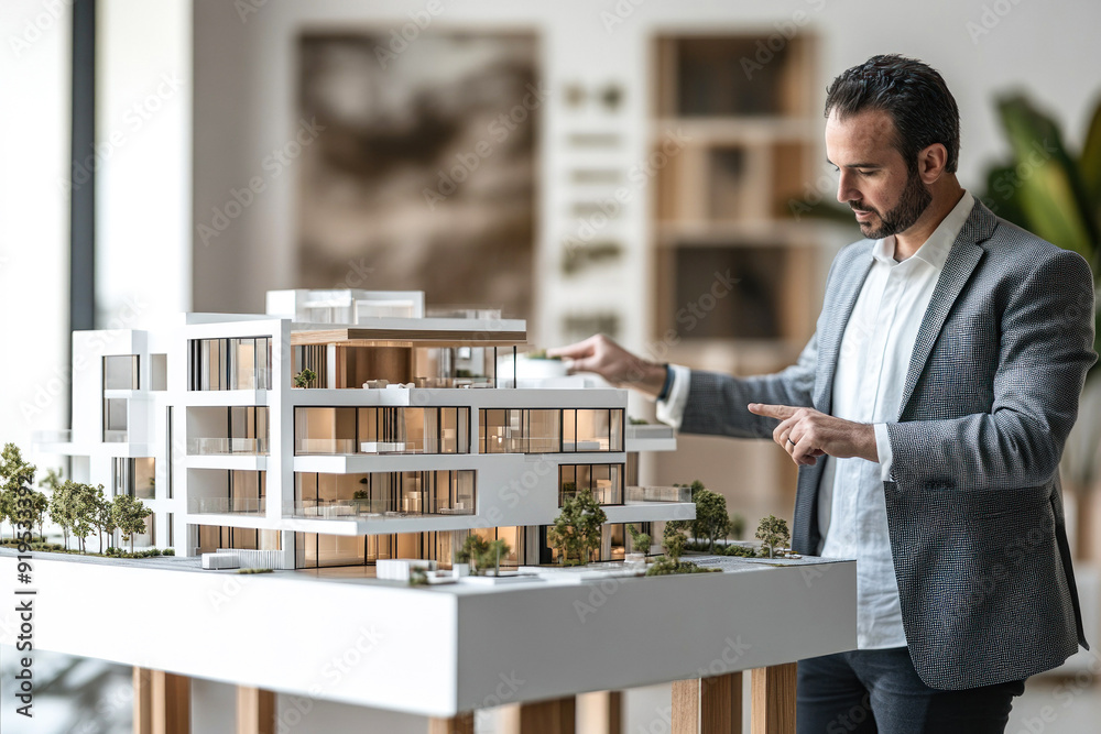 Architectual model of modern low-rise building explained. Stock Photo ...