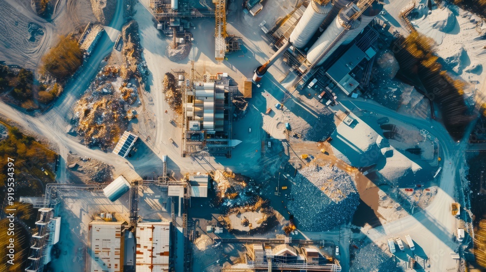 Aerial view of an industrial waste processing facility with large ...