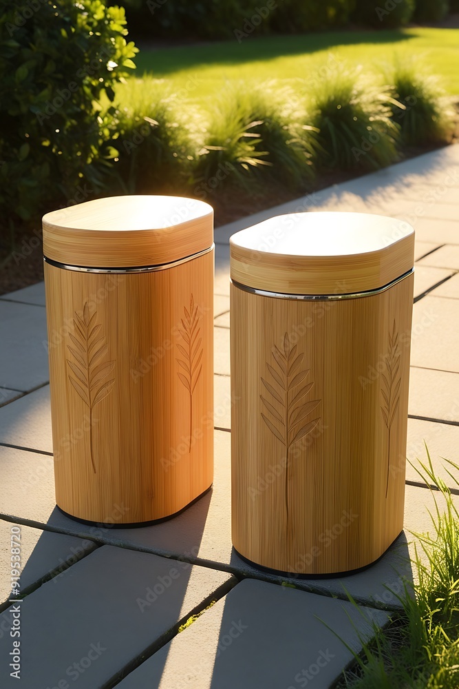 Minimalist trash bin setup against a rustic wooden . garbage containers ...