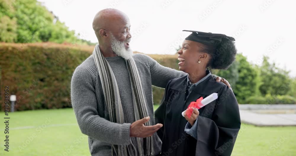 Black woman, graduation and hug happy father for congratulations, smile ...