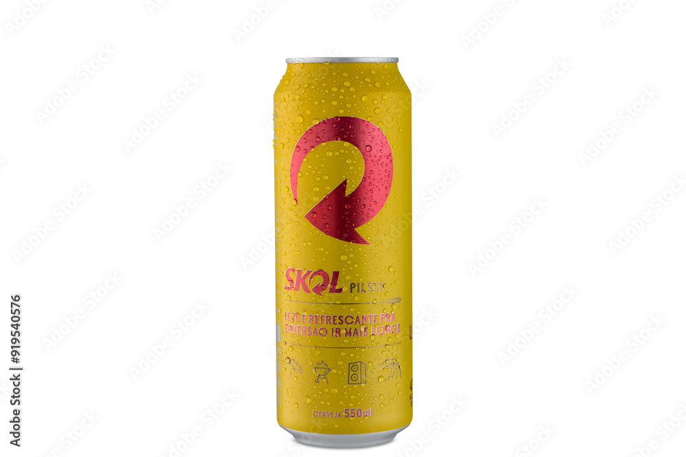 São Paulo, Brazil - August 10, 2024 SKOL PILSEN beer, cold beer can, on ...