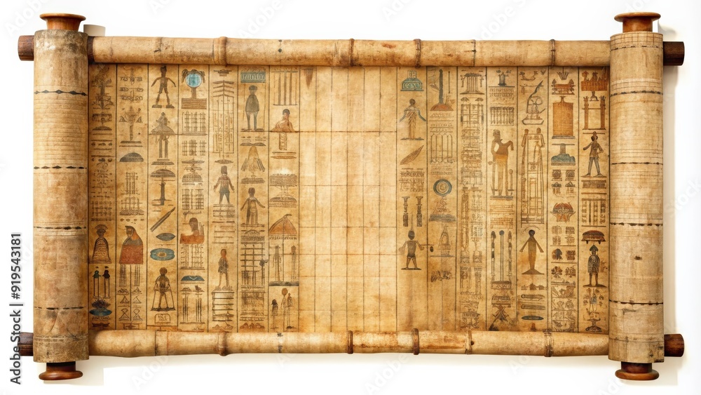 Papyrus scroll featuring hieroglyphs and s from the Book of the Dead ...