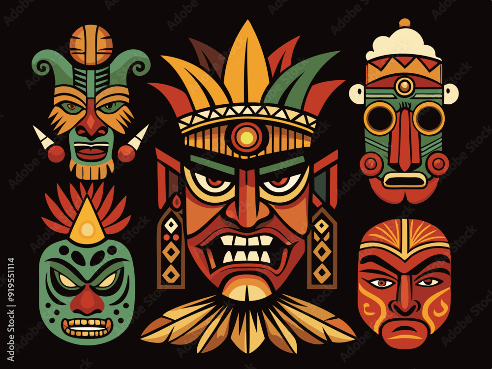 Ethnic masks. Tiki totem, voodoo african tribal head. Zulu traditional ...