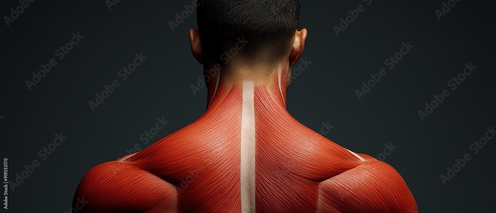 Detailed view of the skin on the back with the underlying trapezius ...