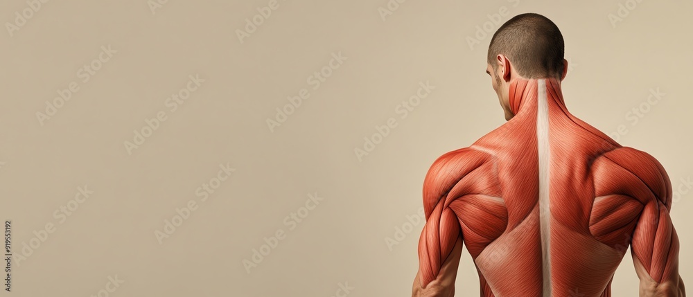 Detailed view of the skin on the back with the underlying trapezius ...