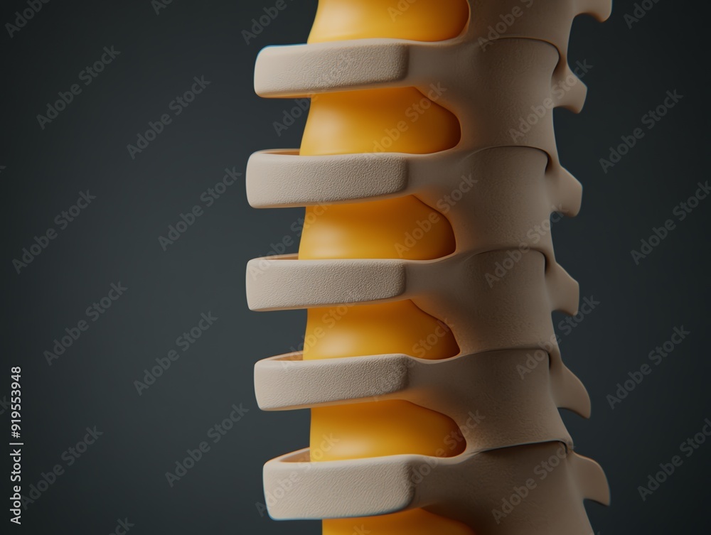 Closeup of the lumbar vertebrae with nerve roots emerging, showing the ...